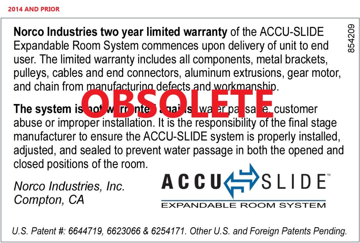 854209 ACCUSLIDE LTD WARRANTY LABEL – BAL RV Products